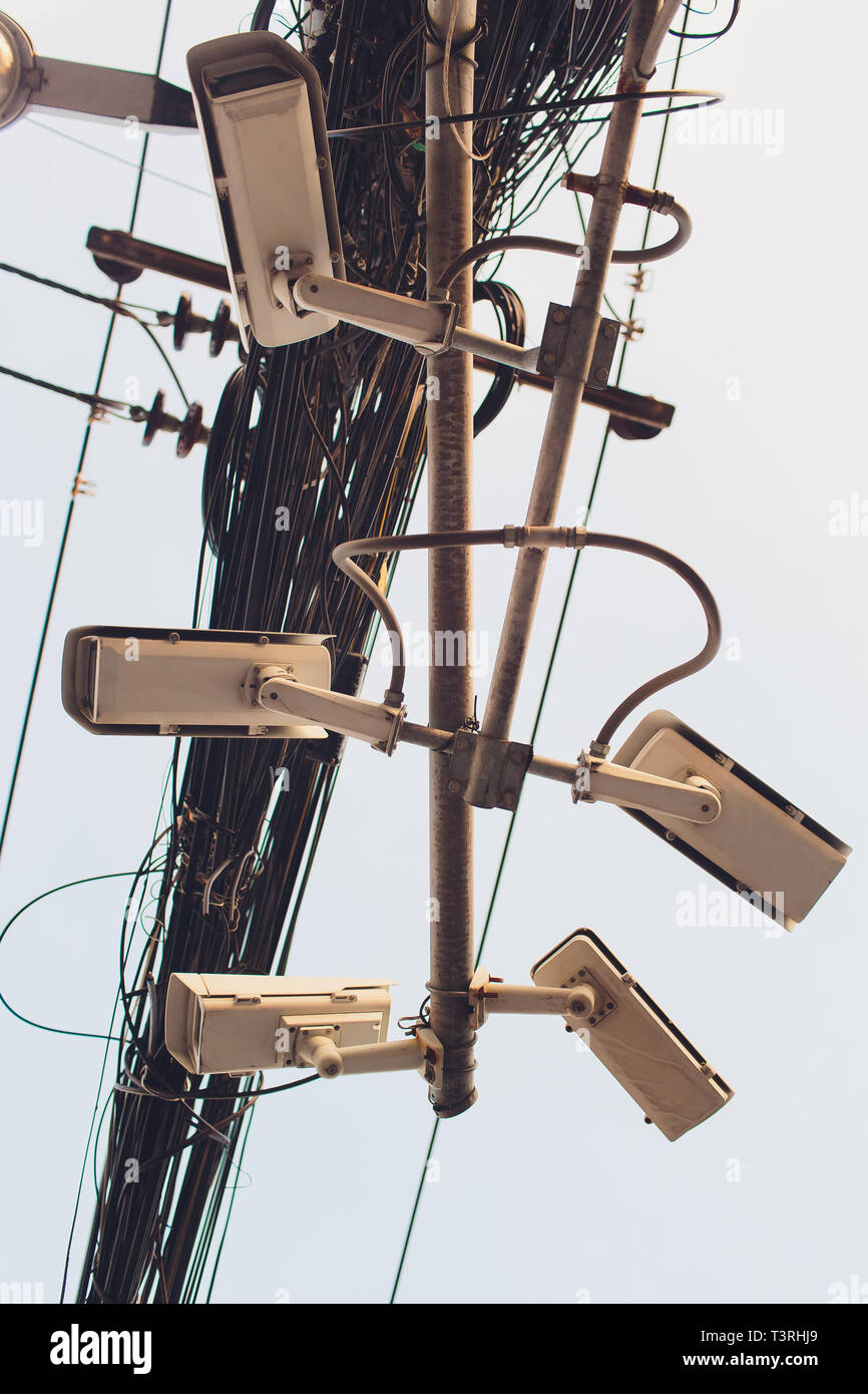 Security CCTV camera is installed in three directions at post with many ...