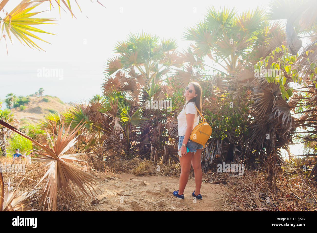 A beautiful woman stands under a palm tree . The sun shines brightly ...