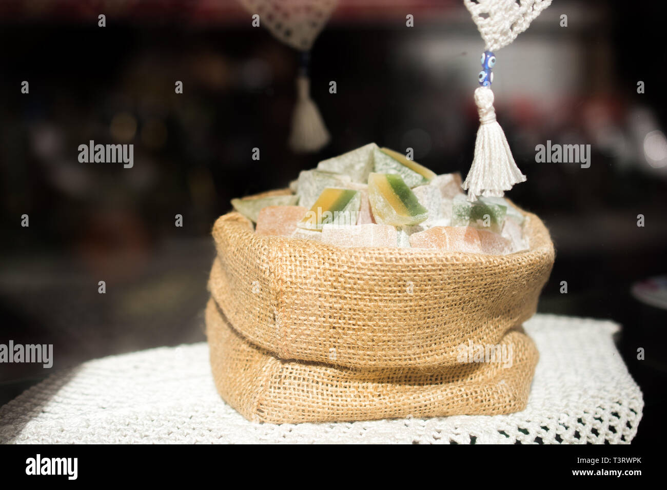 Delicious Turkish delight placed in a linen sack Stock Photo - Alamy