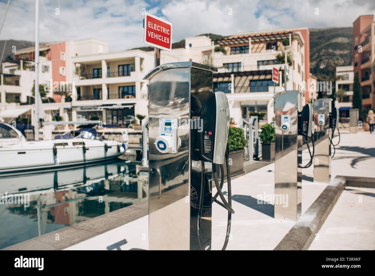 Montenegro, Tivat, April 9, 2019: Modern Tesla electric filling ...