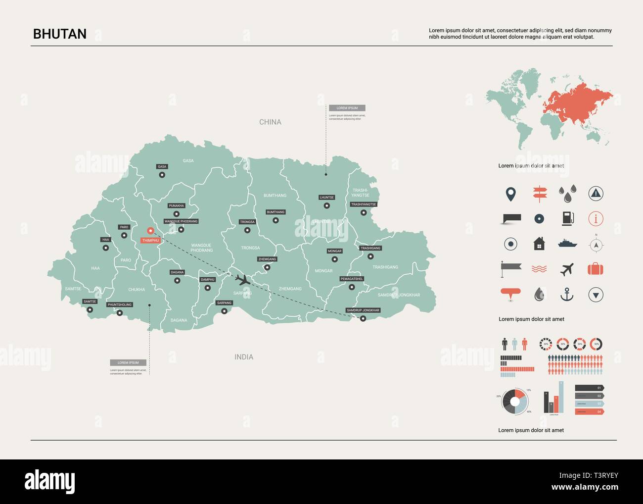 Vector map of Bhutan. High detailed country map with division, cities ...