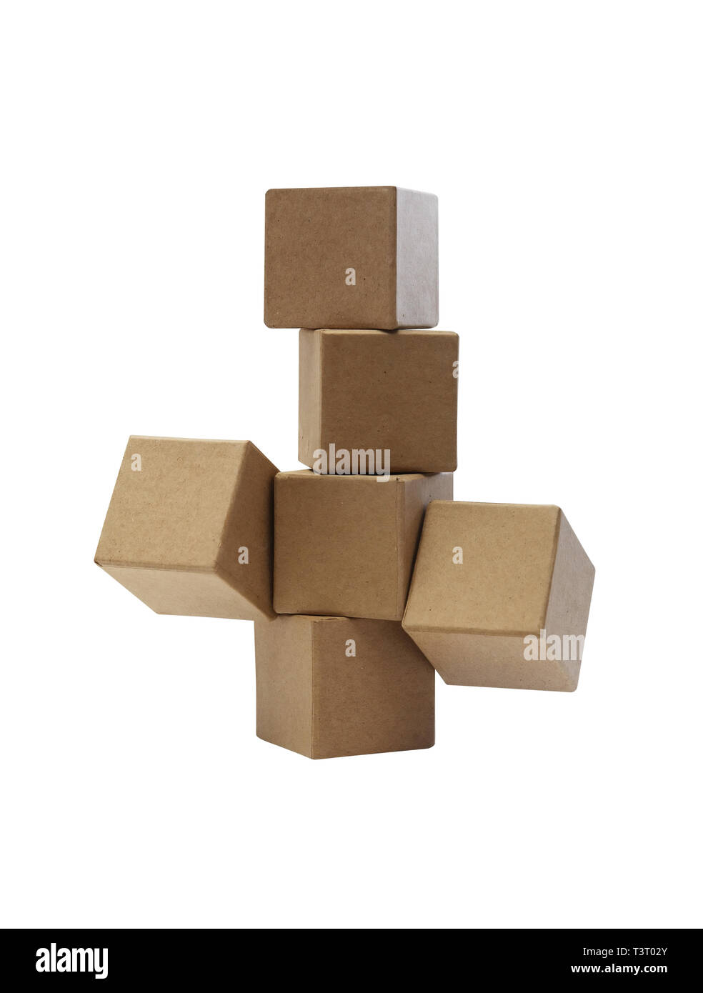 Set of brown cardboard cubes isolated on white background with clipping ...