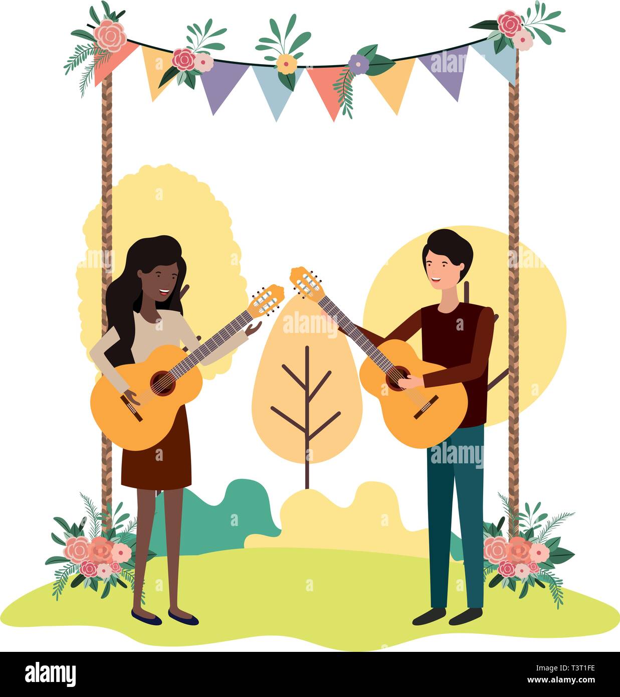couple with musical instrument in landscape Stock Vector Image & Art ...