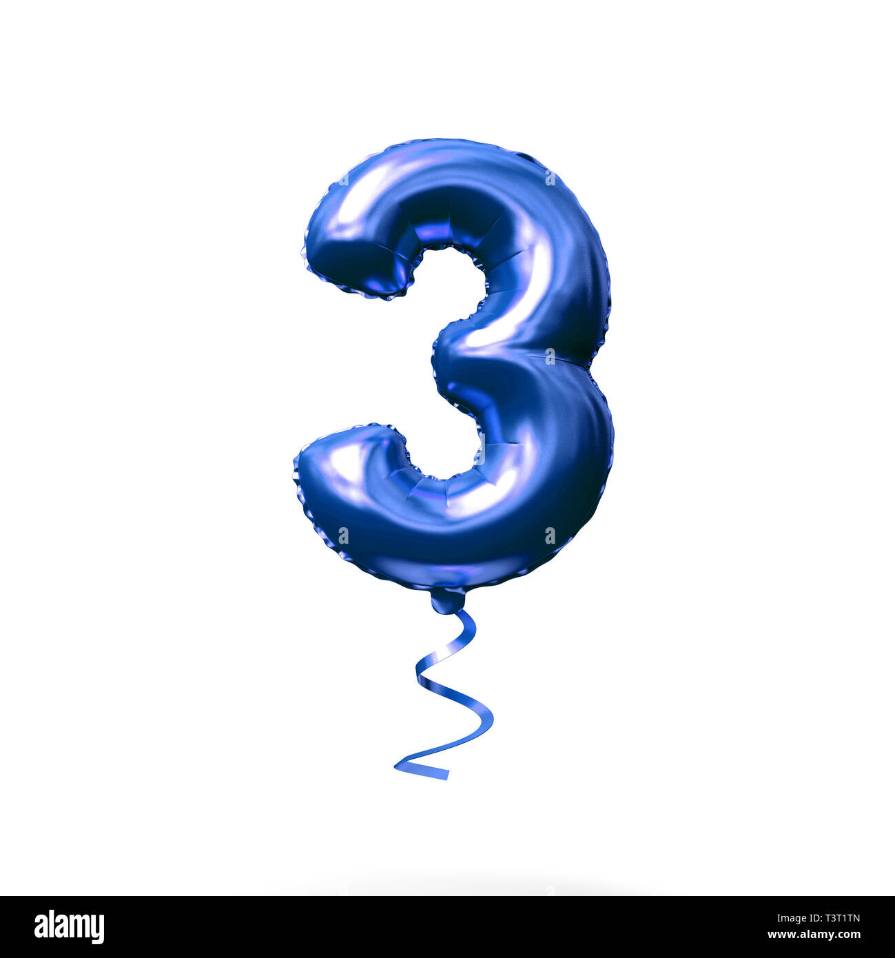 Number 3 blue foil helium balloon isolated on a white background. 3D ...