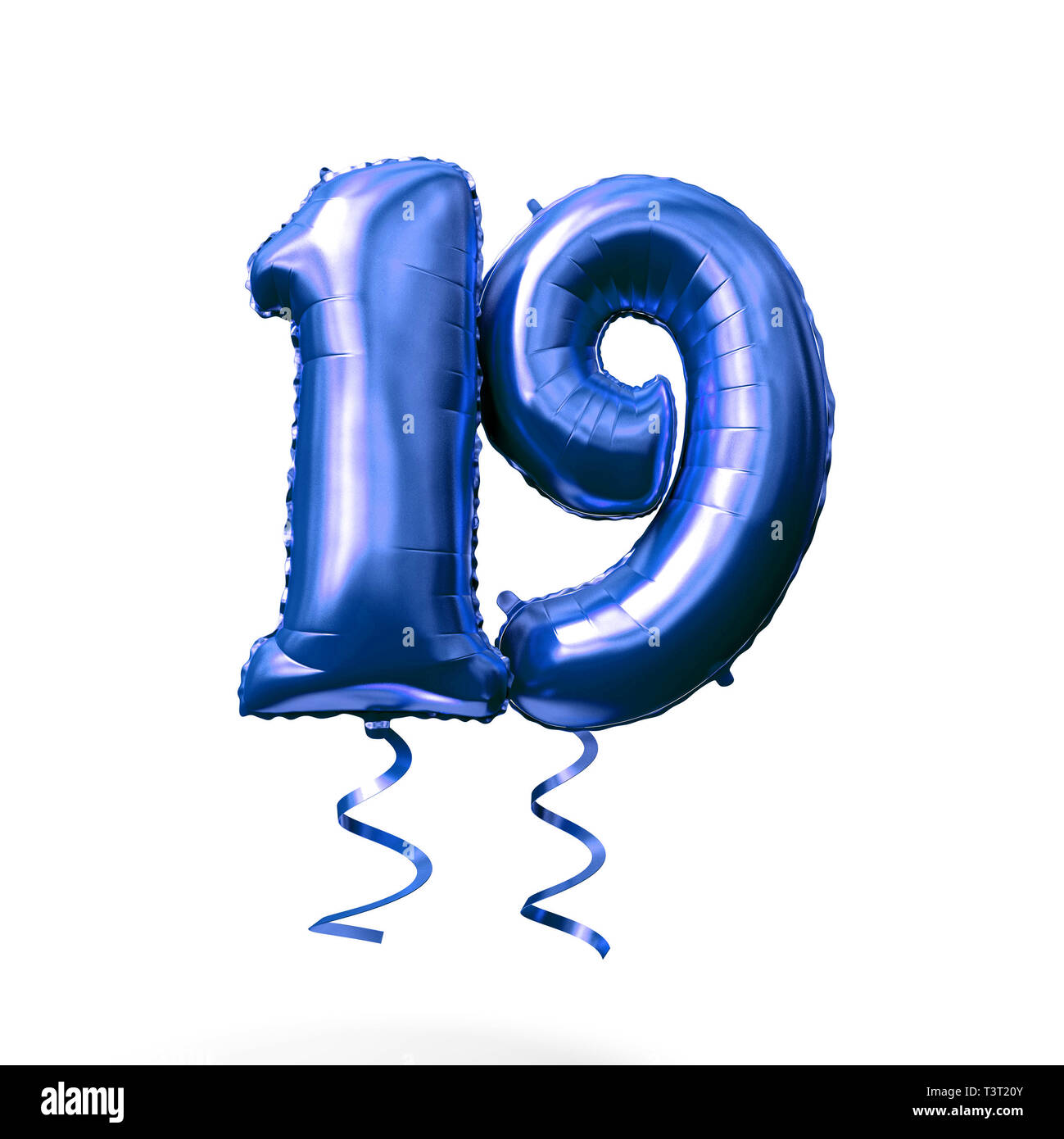 Number 19 blue foil helium balloon isolated on a white background. 3D ...