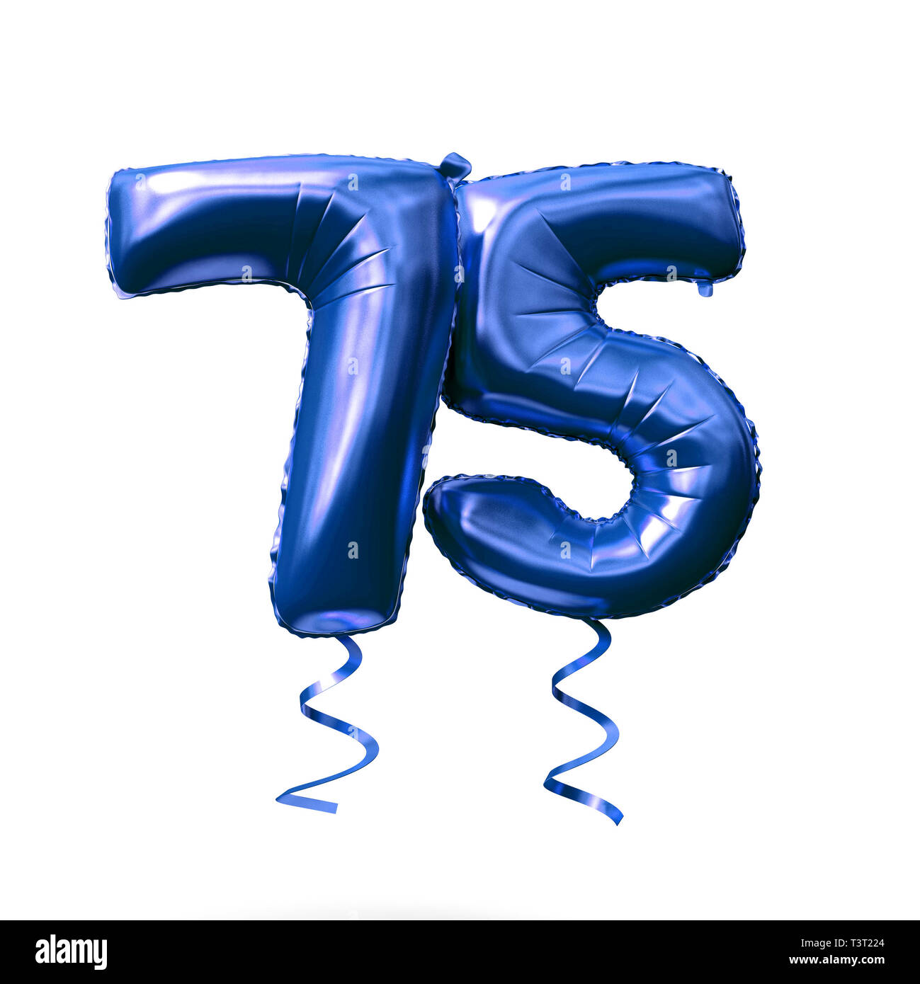 Number 75 blue foil helium balloon isolated on a white background. 3D ...