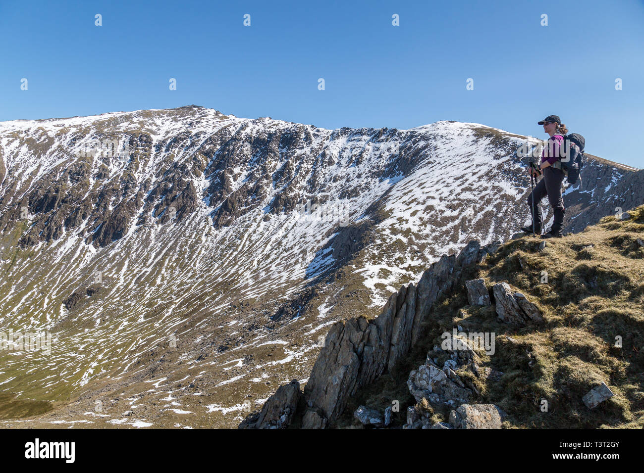 A solo female hiker looking towards the Summit os Snowdon in the ...