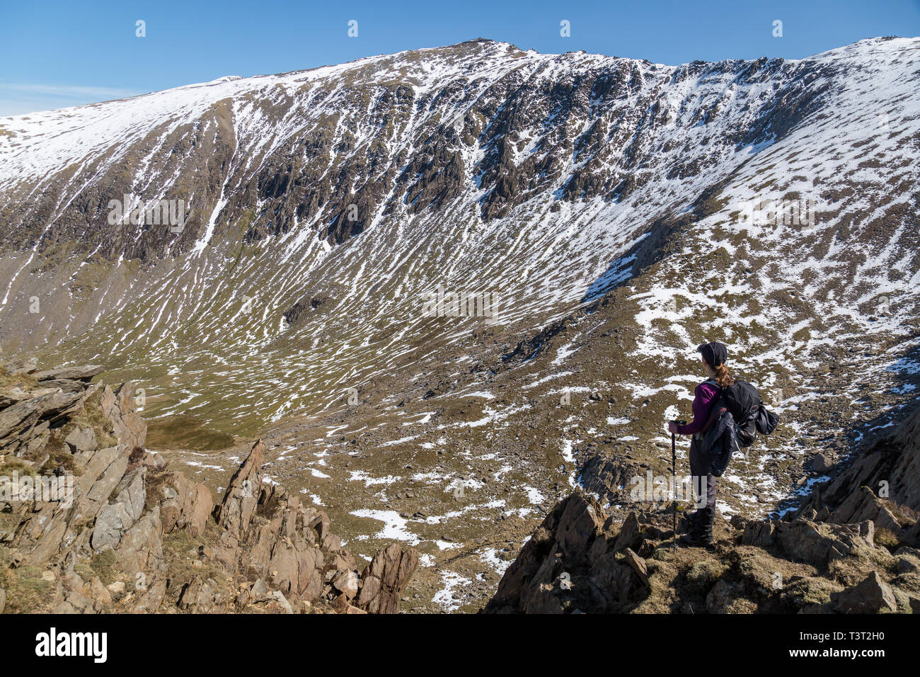A solo female hiker looking towards the Summit os Snowdon in the ...