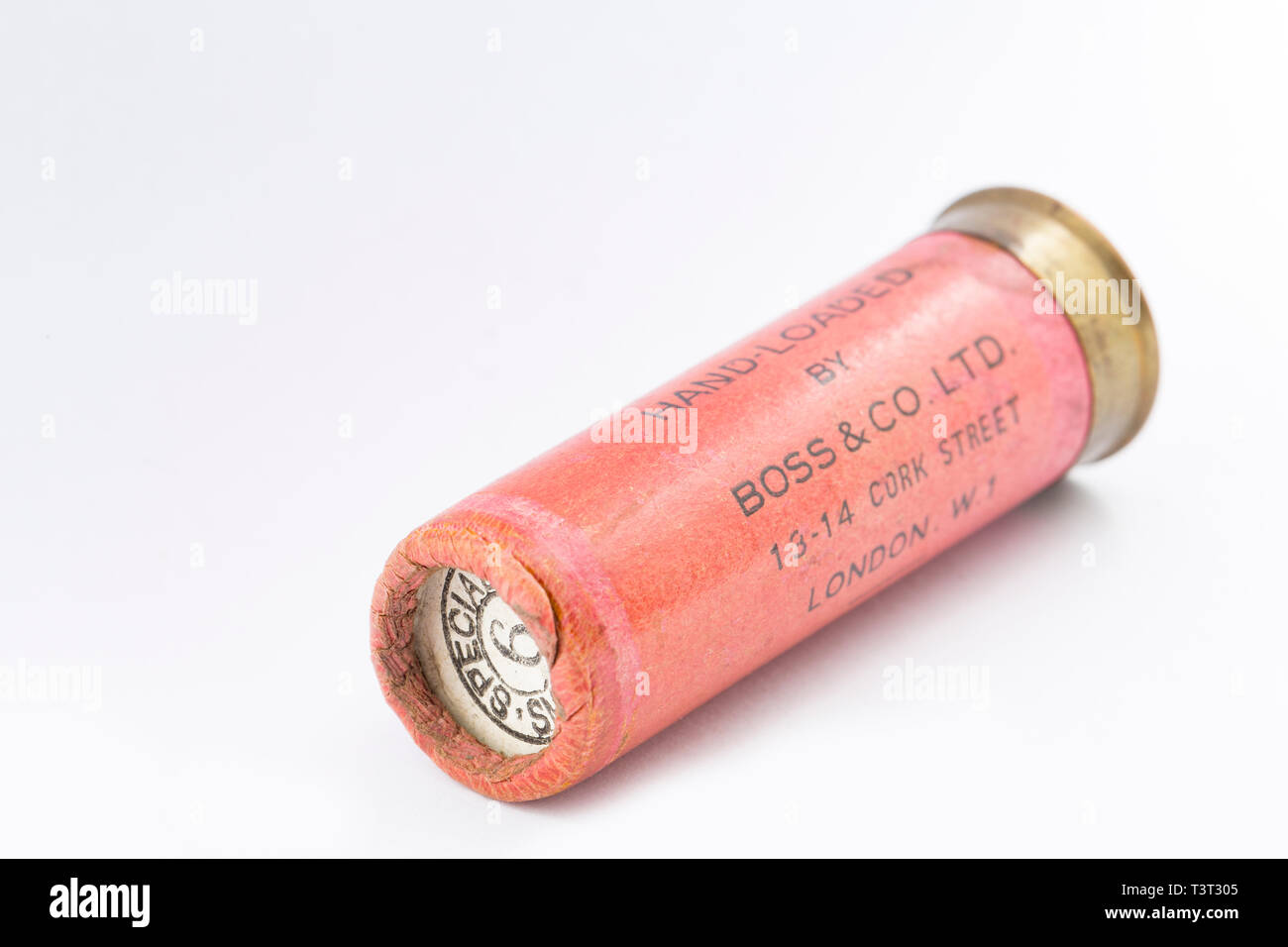 An old hand-loaded Boss & Co paper case 12 gauge shotgun cartridge with ...