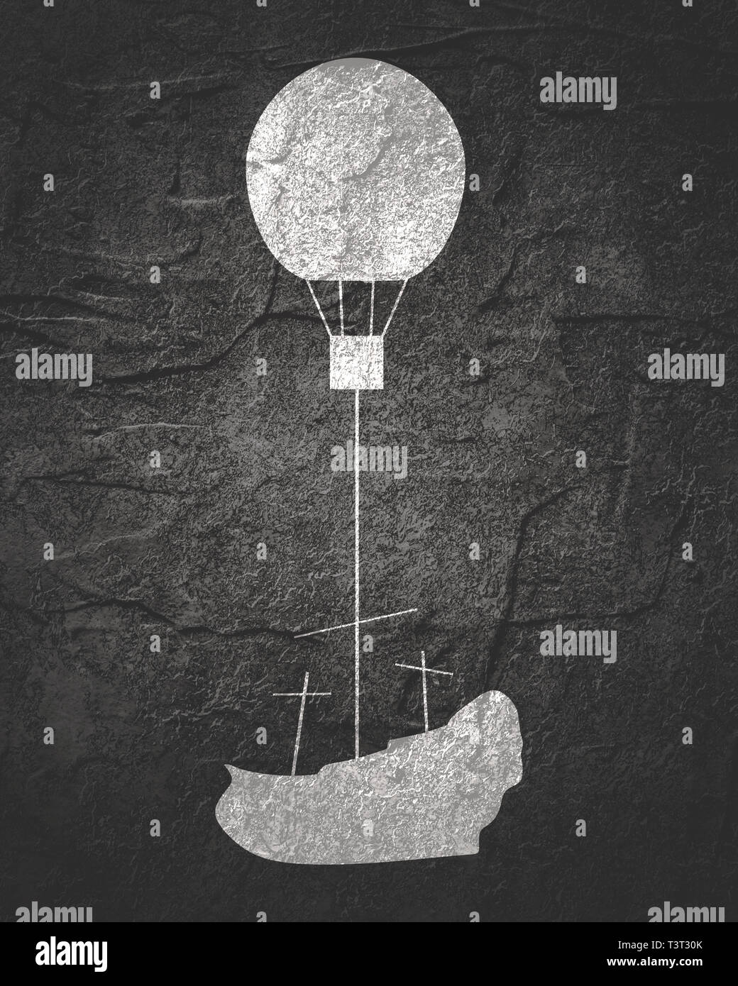 Floating sailing ship hanging by rope to air balloon Stock Photo - Alamy