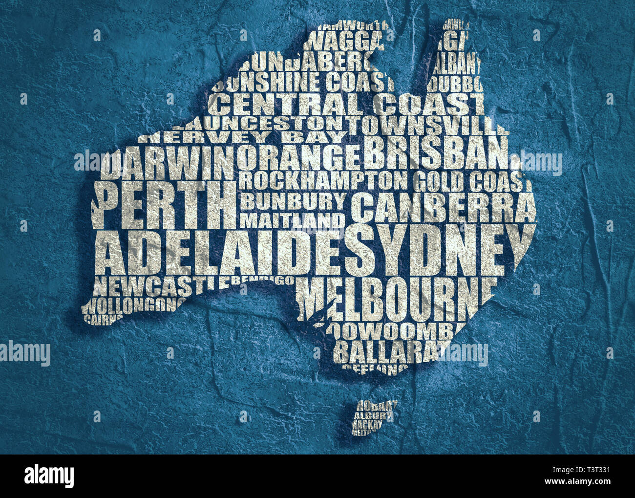 Map of Australia made from cities list. Grunge textured backdrop Stock ...