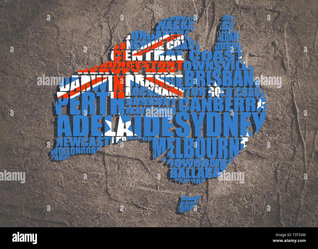 Map of Australia made from cities list. Textured by national flag ...