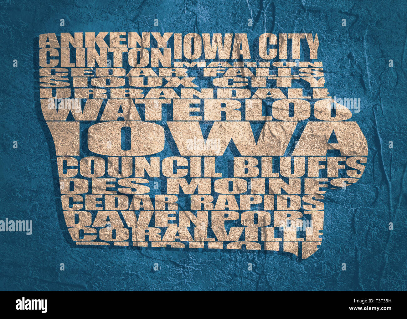 Word cloud map of Iowa state. Cities list collage. Grunge texture Stock ...