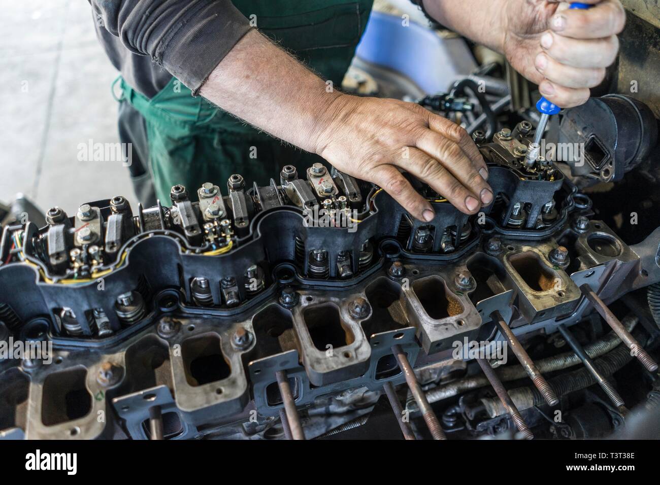 Car engine is being repaired, car repair shop, North Rhine-Westphalia ...