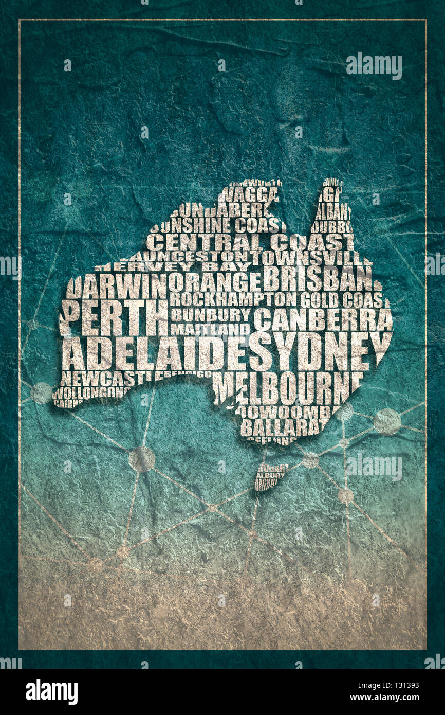 Map of Australia made from cities list. Gradient grunge background ...