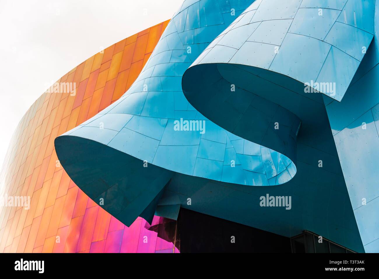 Curved colored facade of the Museum of Pop Culture, MoPOP, detail ...