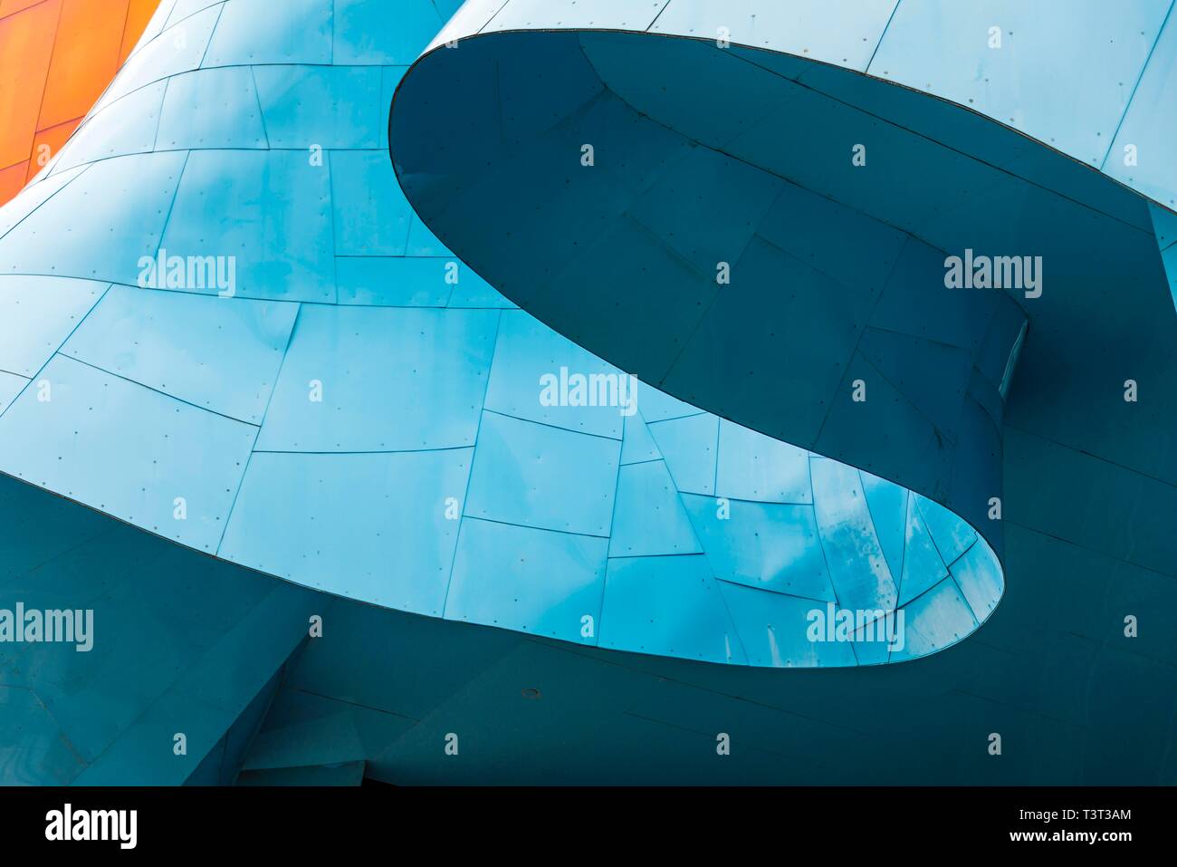 Curved colored facade of the Museum of Pop Culture, MoPOP, detail ...