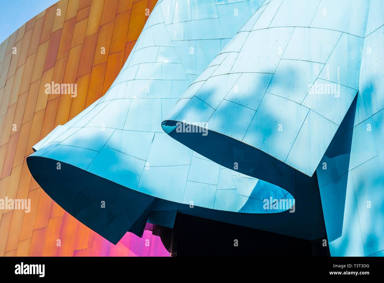 Curved colored facade of the Museum of Pop Culture, MoPOP, detail ...