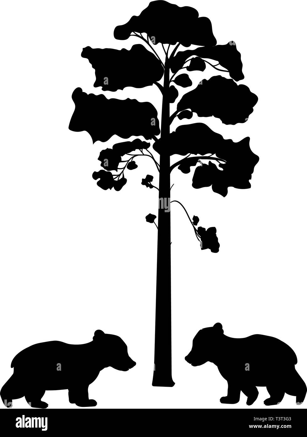 Two cub bears near tree silhouette animal. Vector Illustrator Stock ...