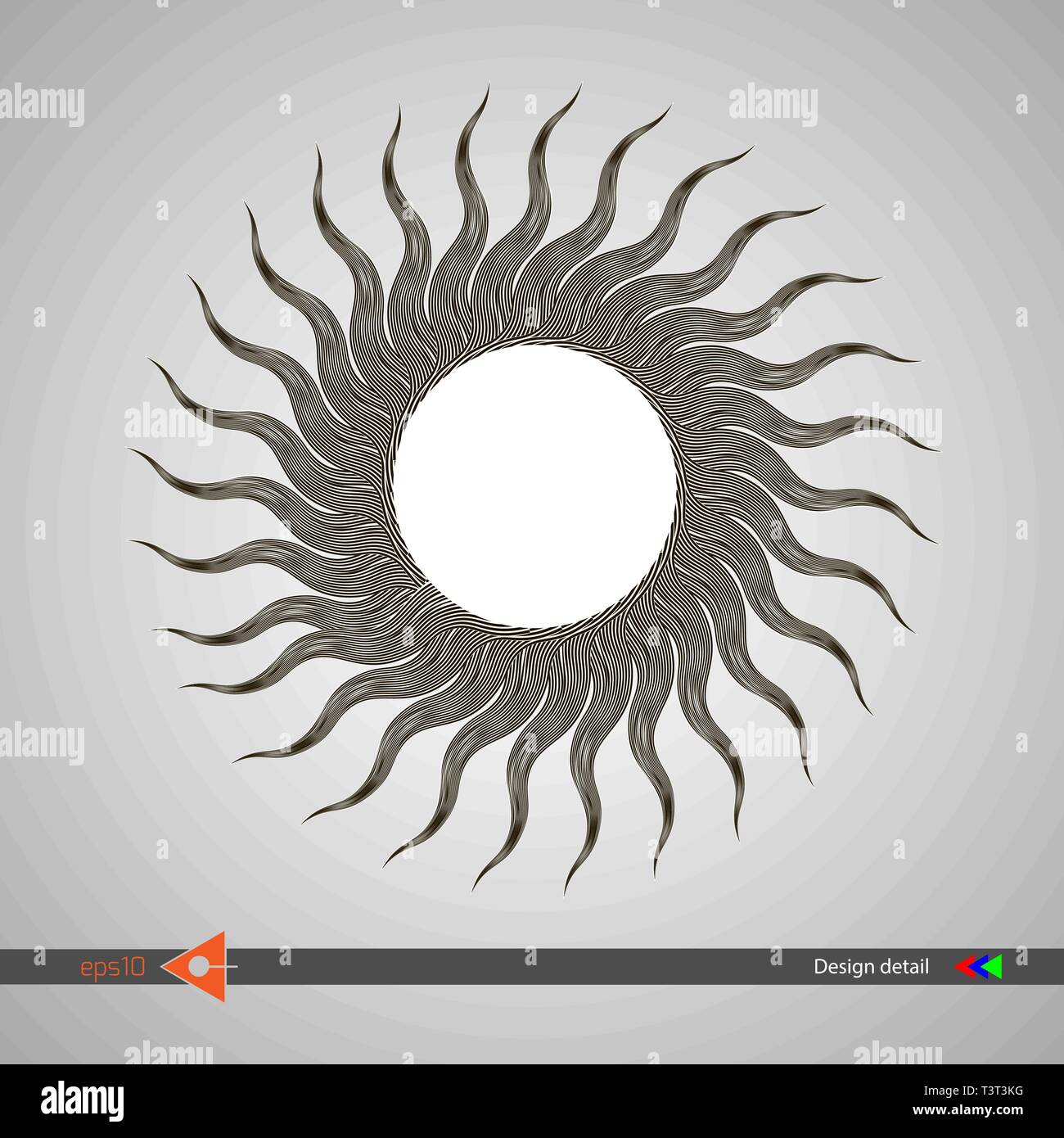 Isolated symmetrical pattern of wavy lines. Abstract round frame ...