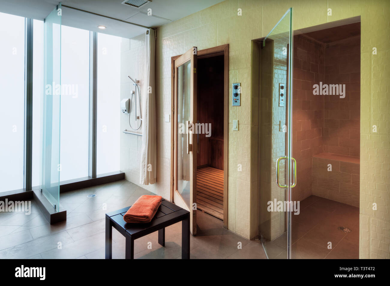 Stool outside shower and sauna Stock Photo - Alamy
