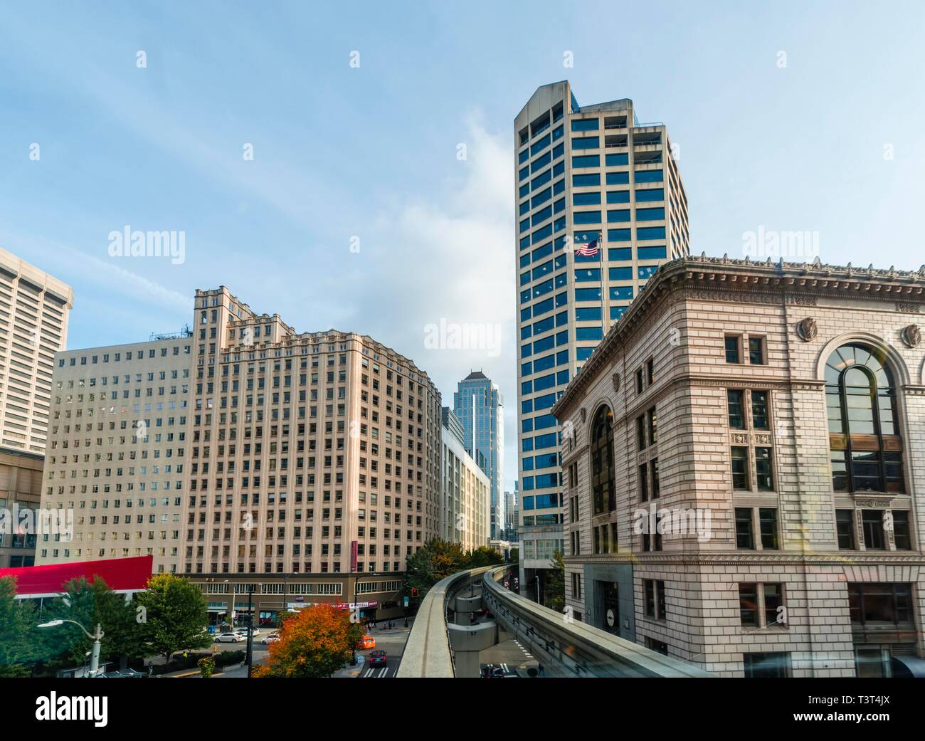 View from the Monorail Railway to skyscrapers and downtown, Seattle ...