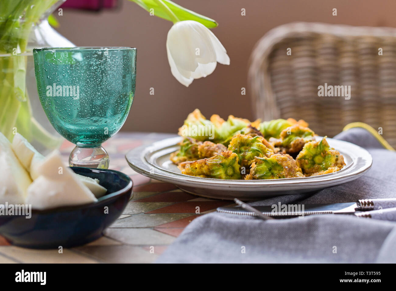 Pumpkin flowers fried in batter. Traditional italian dish. Home dinner ...