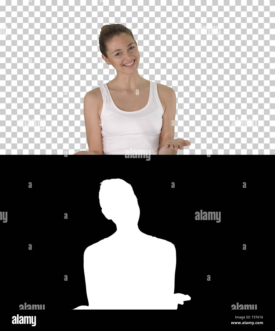 Woman in white top explaining something while walking, Alpha Channel ...