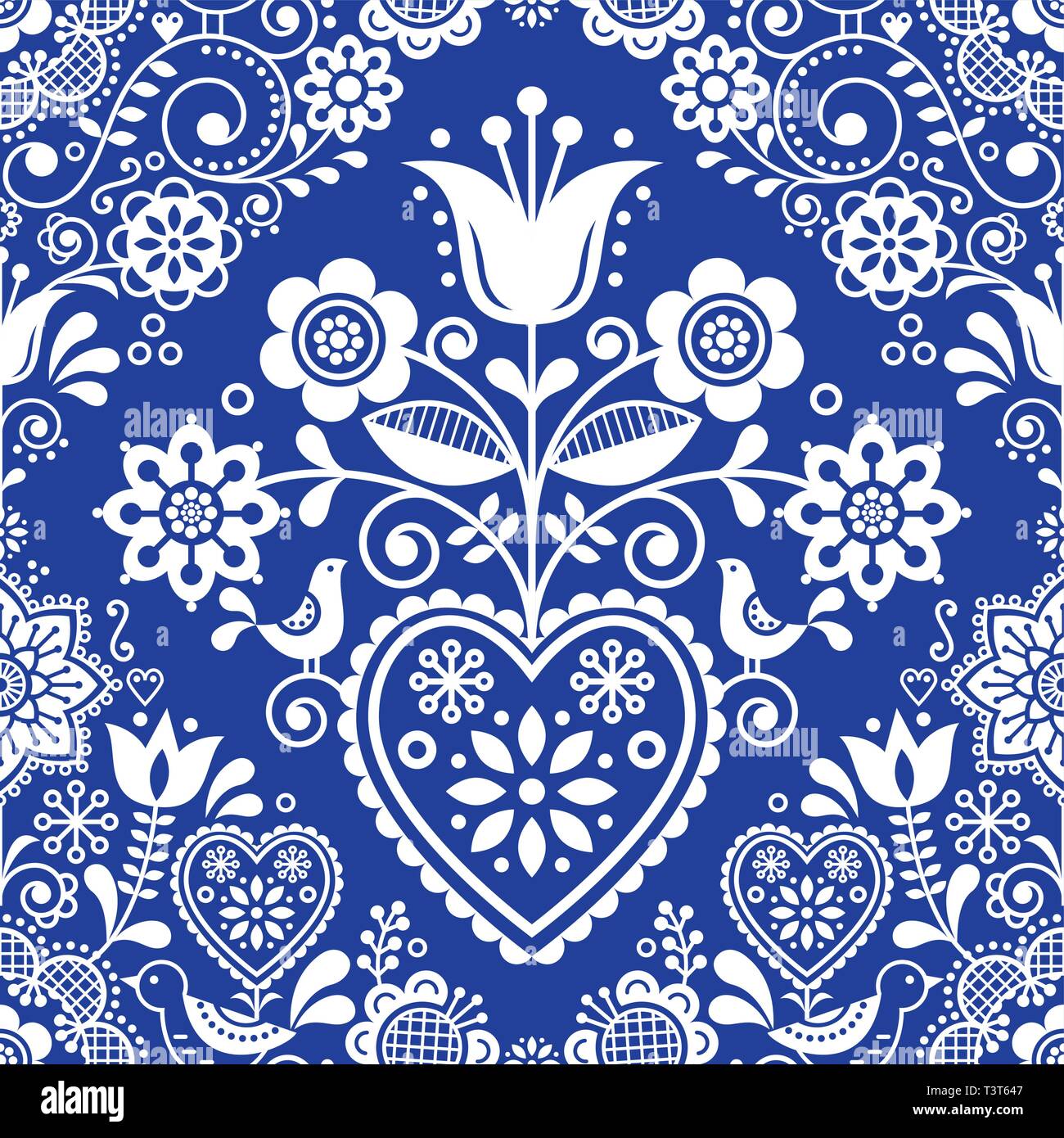 Seamless folk art vector pattern with birds and flowers, Scandinavian ...
