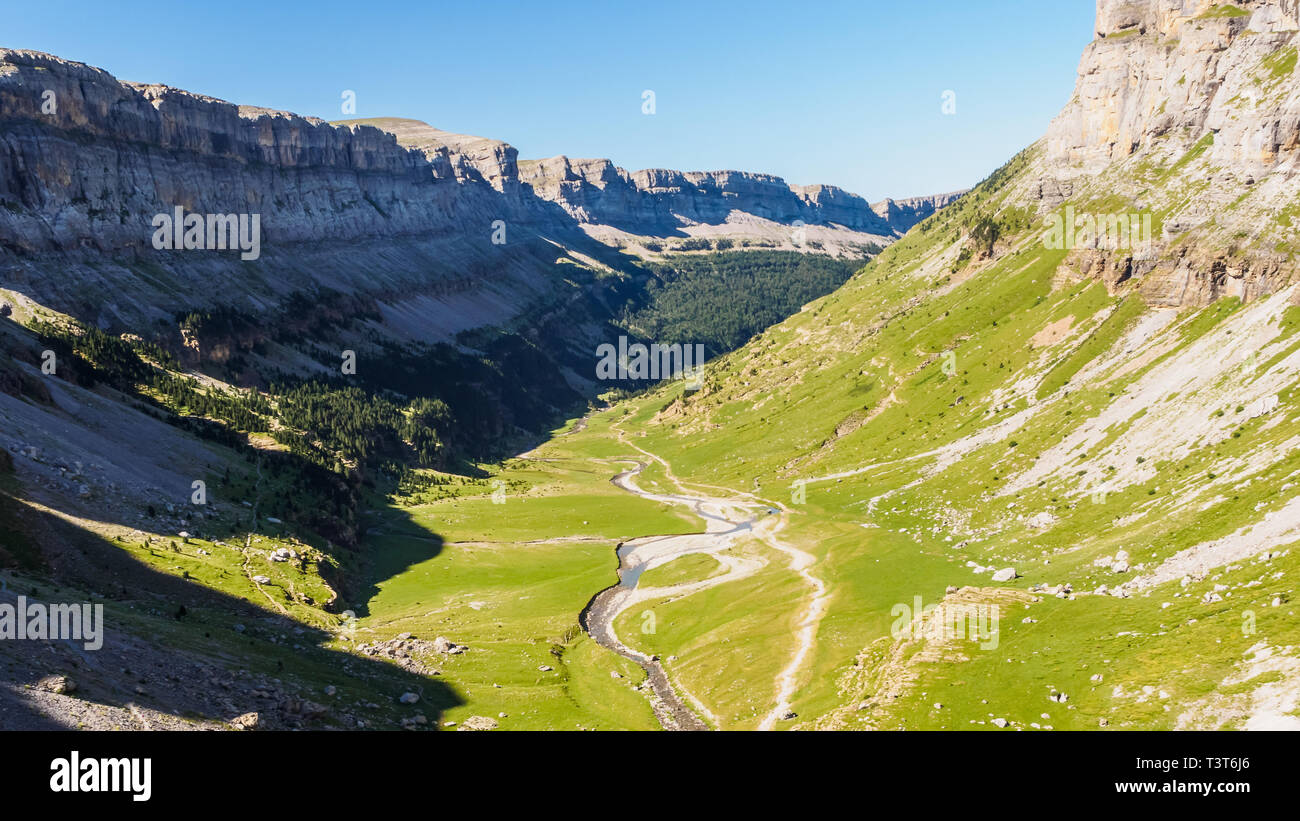 Valley of the Ordesa National Park on a sunny day, aragon Stock Photo ...