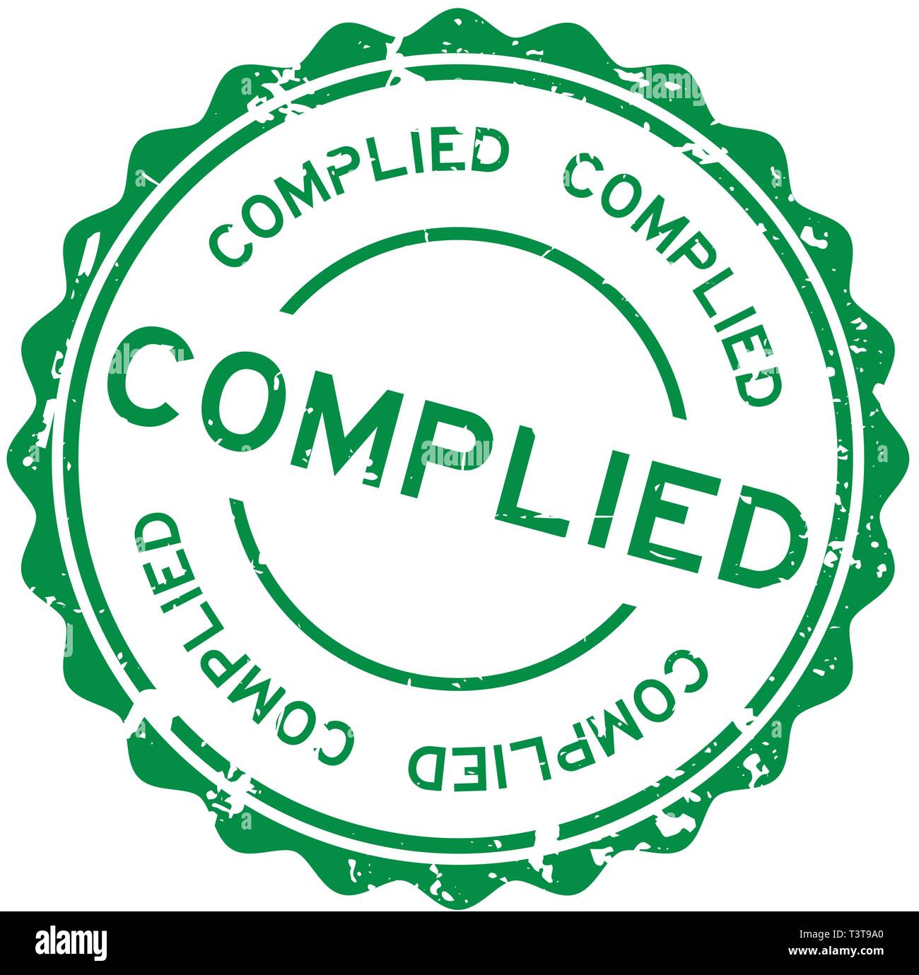 Grunge green complied word round rubber seal stamp on white background ...