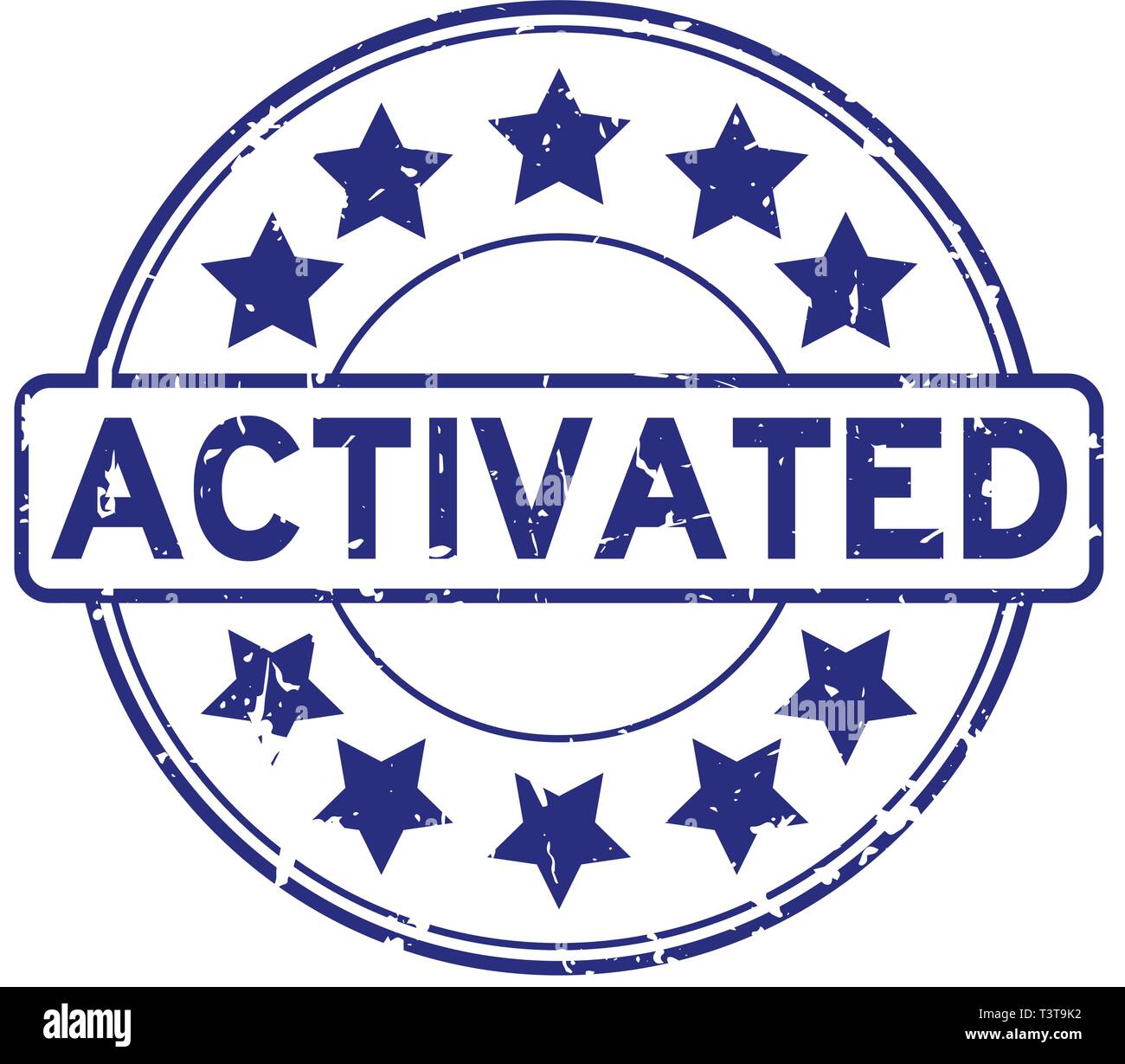 Grunge blue activated word with star icon round rubber seal stamp on ...