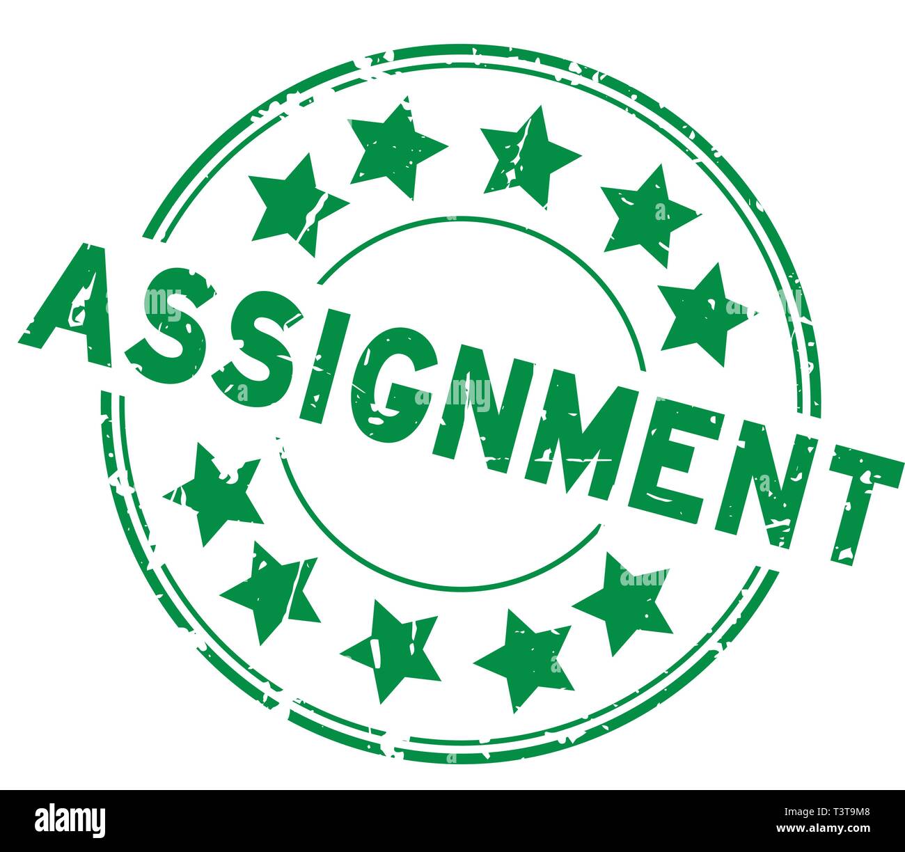 Grunge green assignment wording with star icon round rubber seal stamp ...