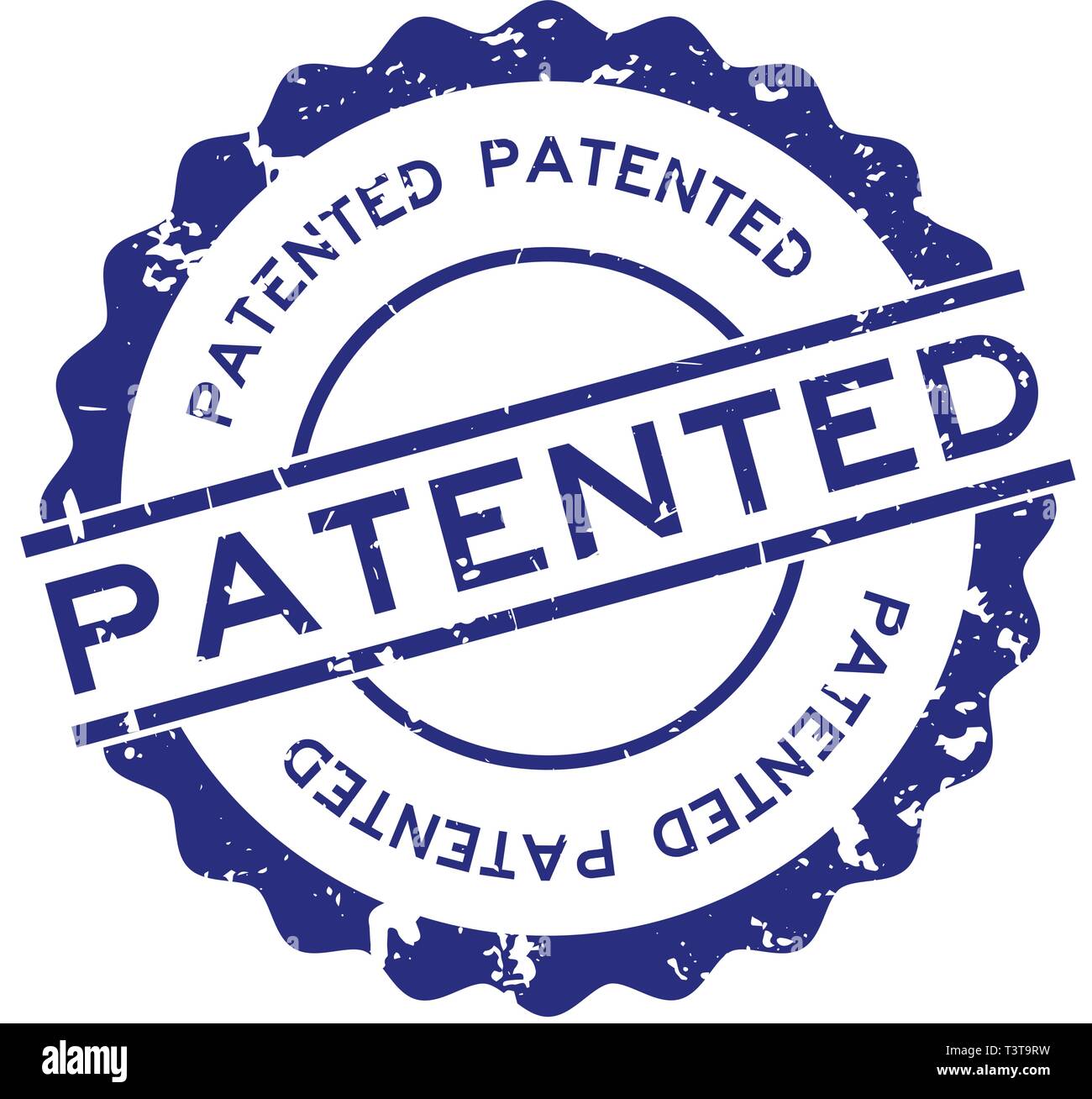 Grunge blue patented word round rubber seal stamp on white background ...