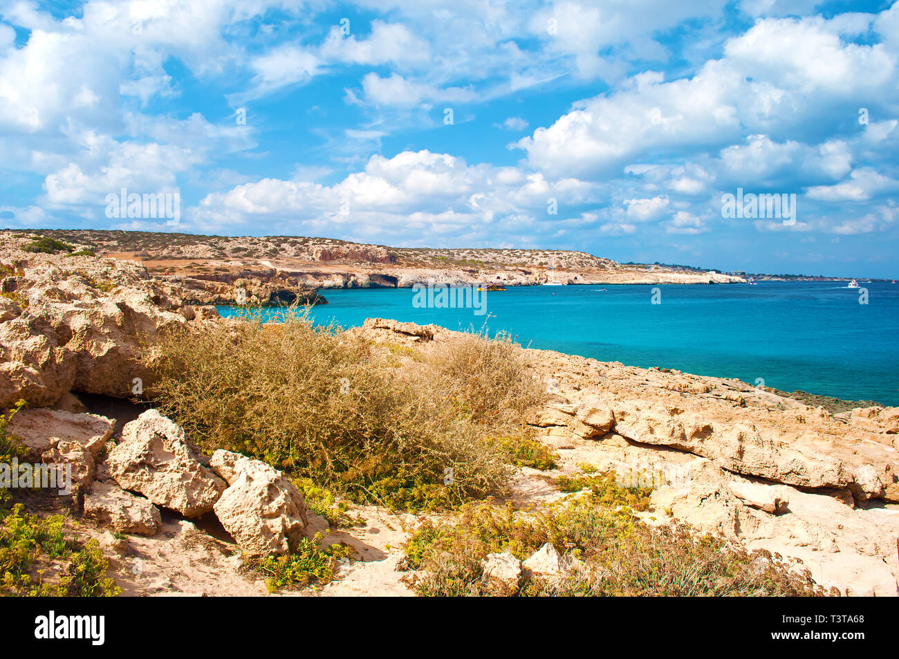 View of the Blue Lagoon bay near Cape Greco, Cyprus. Rock coastline ...