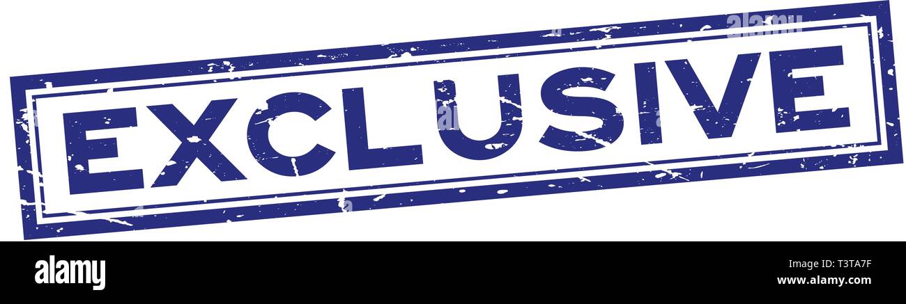 Grunge blue exclusive word square rubber seal stamp on white background ...