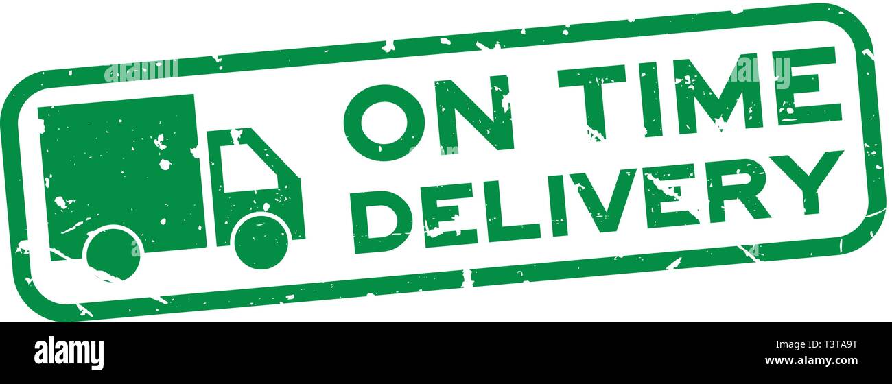 Grunge green on time delivery word with truck icon square rubber seal ...