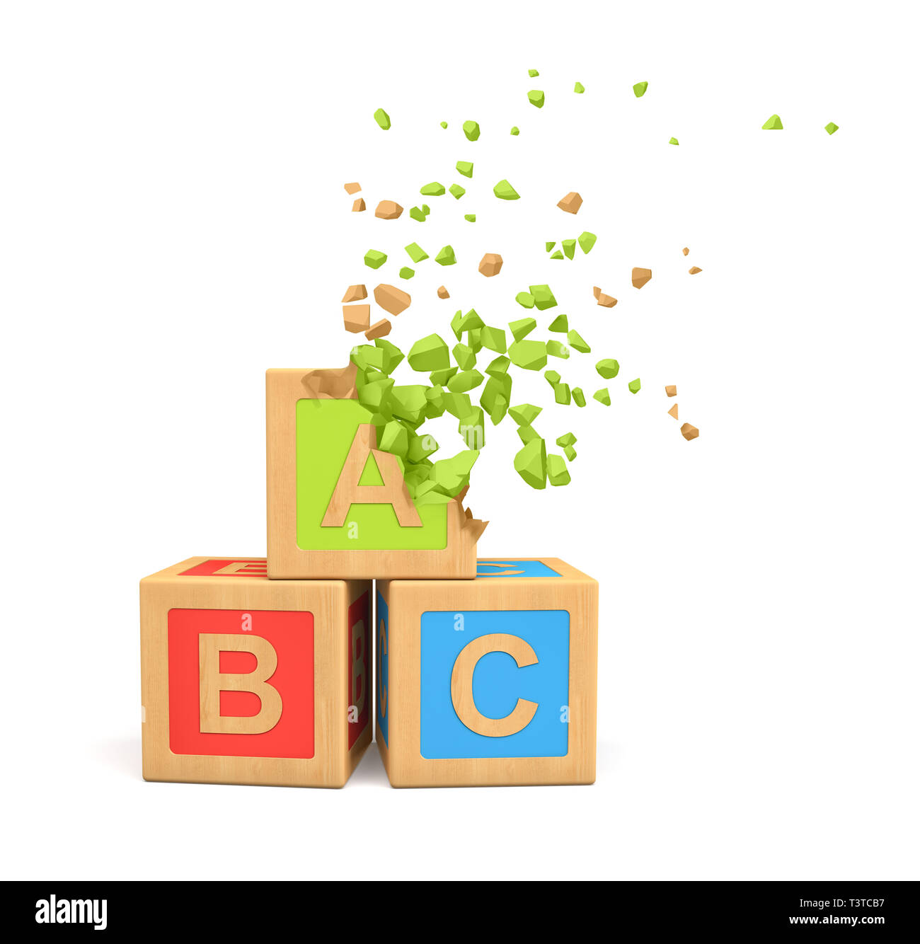 3d rendering of colorful alphabet toy blocks shattering into small ...