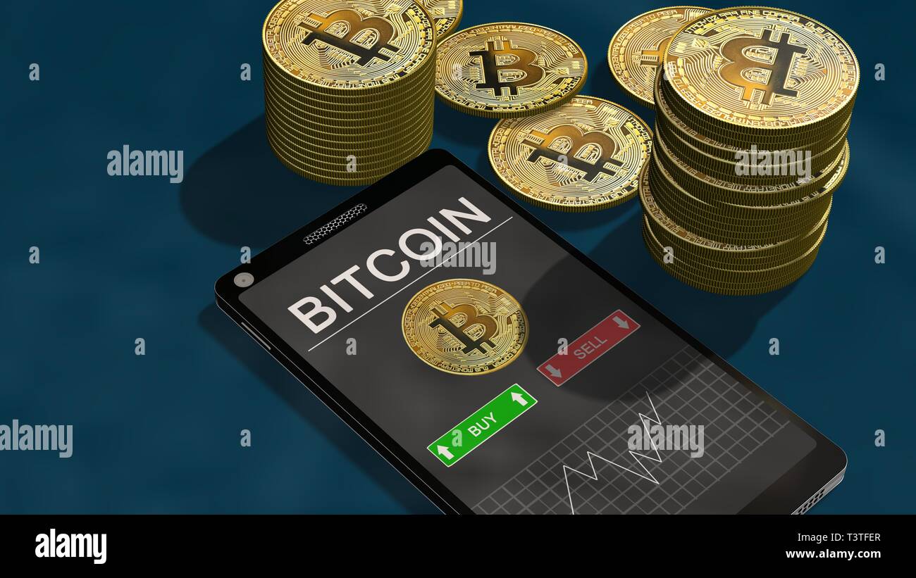 Smartphone with Bitcoin chart on-screen among piles of golden Bitcoins ...