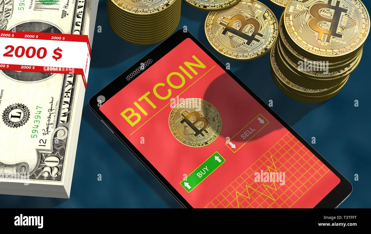 Smartphone with Bitcoin chart on-screen among piles of golden Bitcoins ...