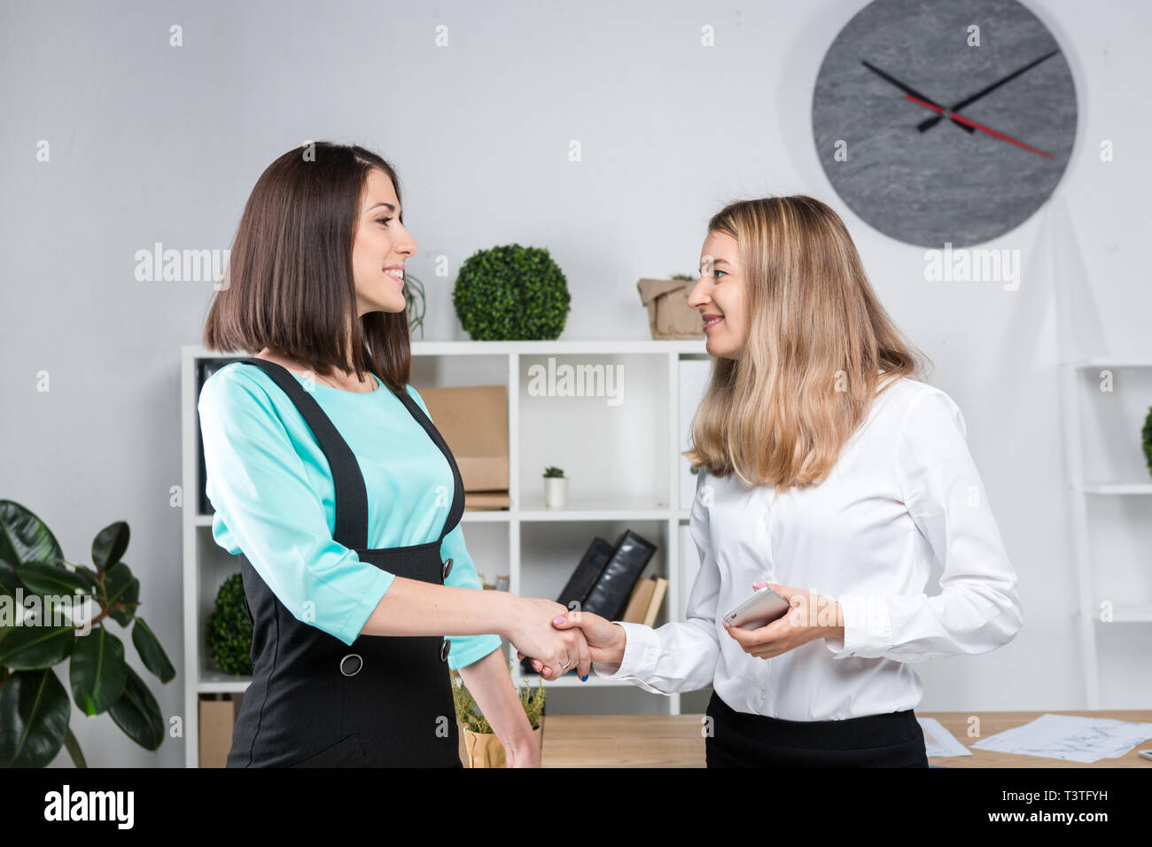 Theme business women. Two young Caucasian women business partners in ...