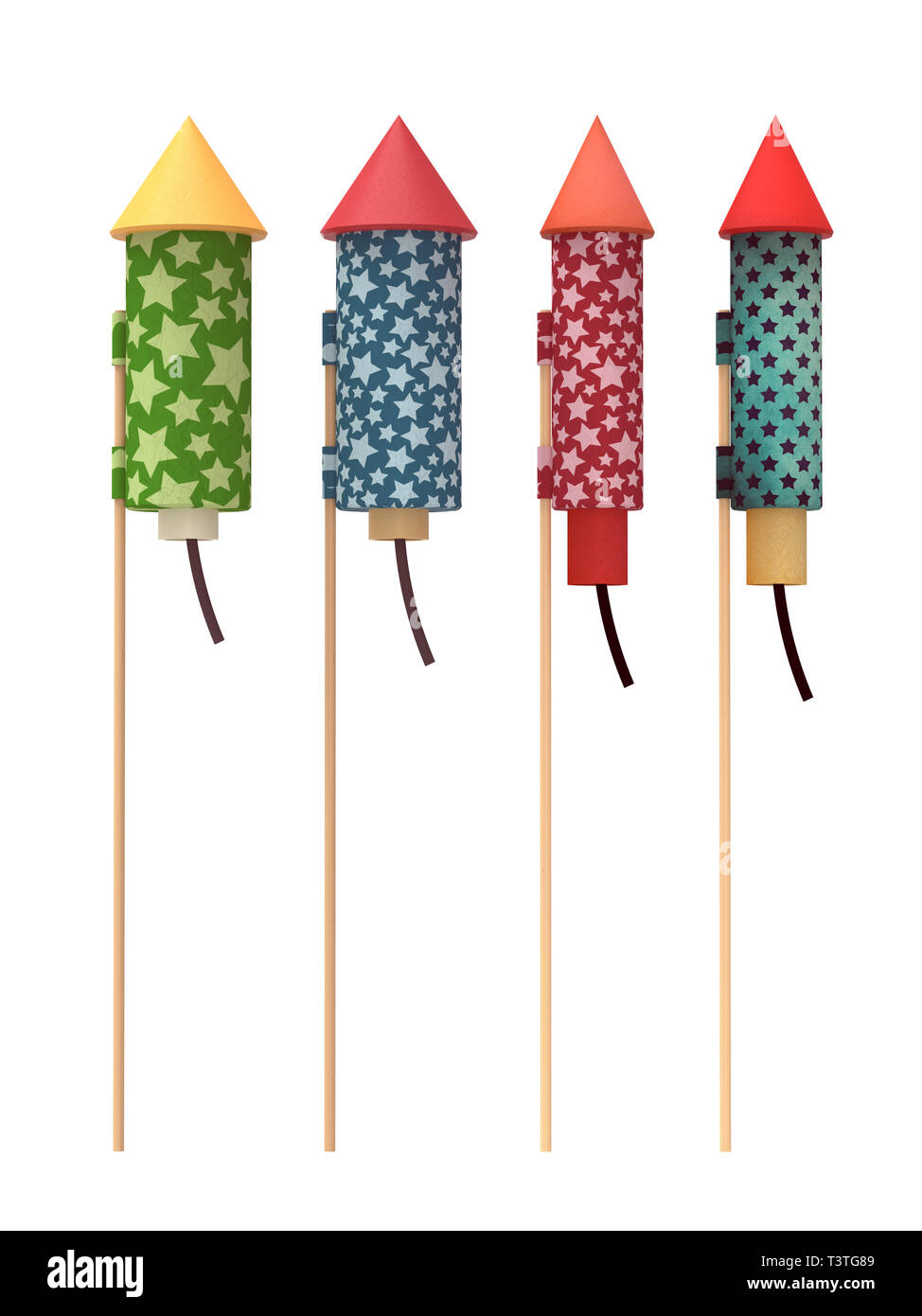 Vintage fireworks rockets, isolated on white background, 3d rendering ...