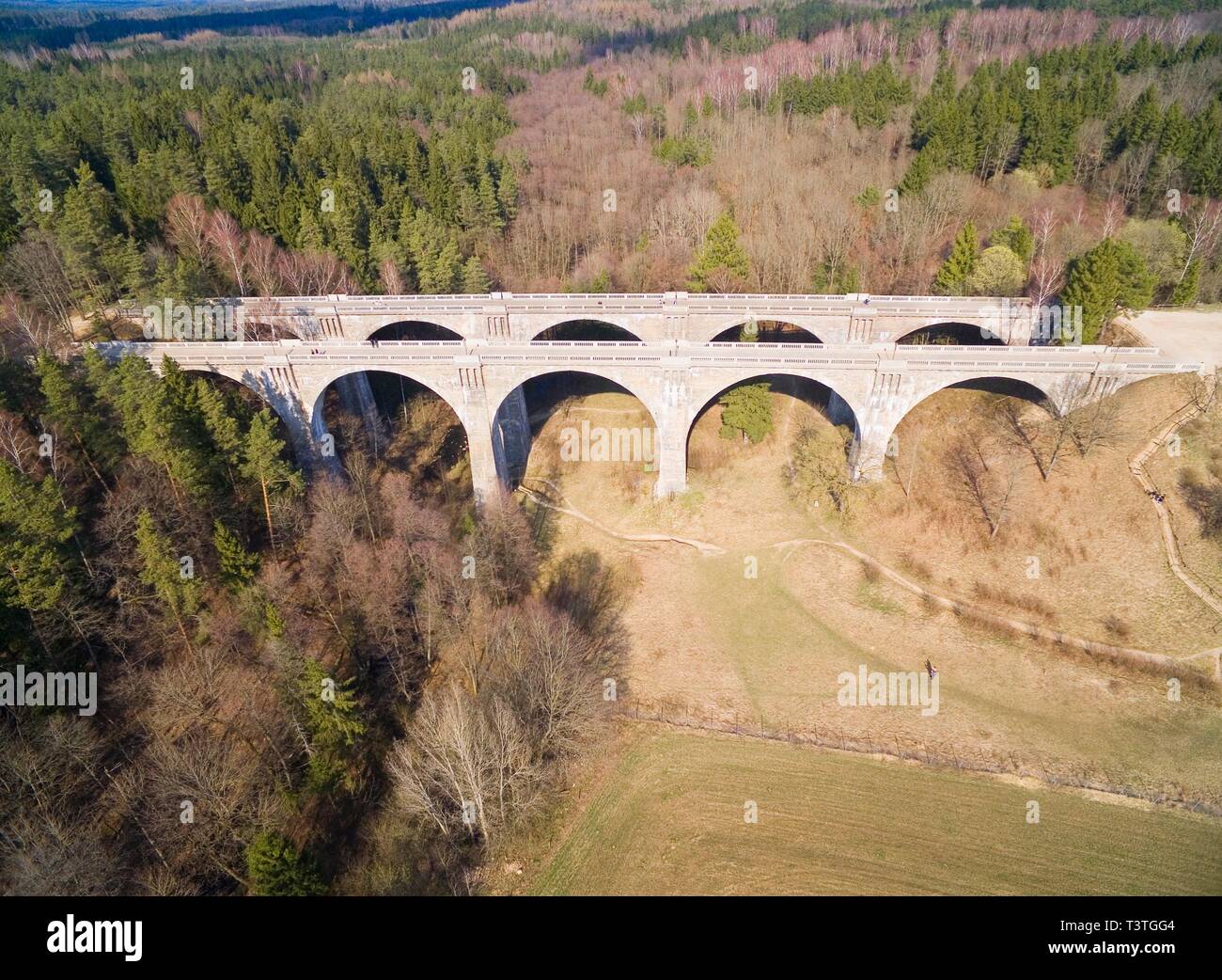 Aerial view of old concrete railway bridges in Stanczyki during spring ...