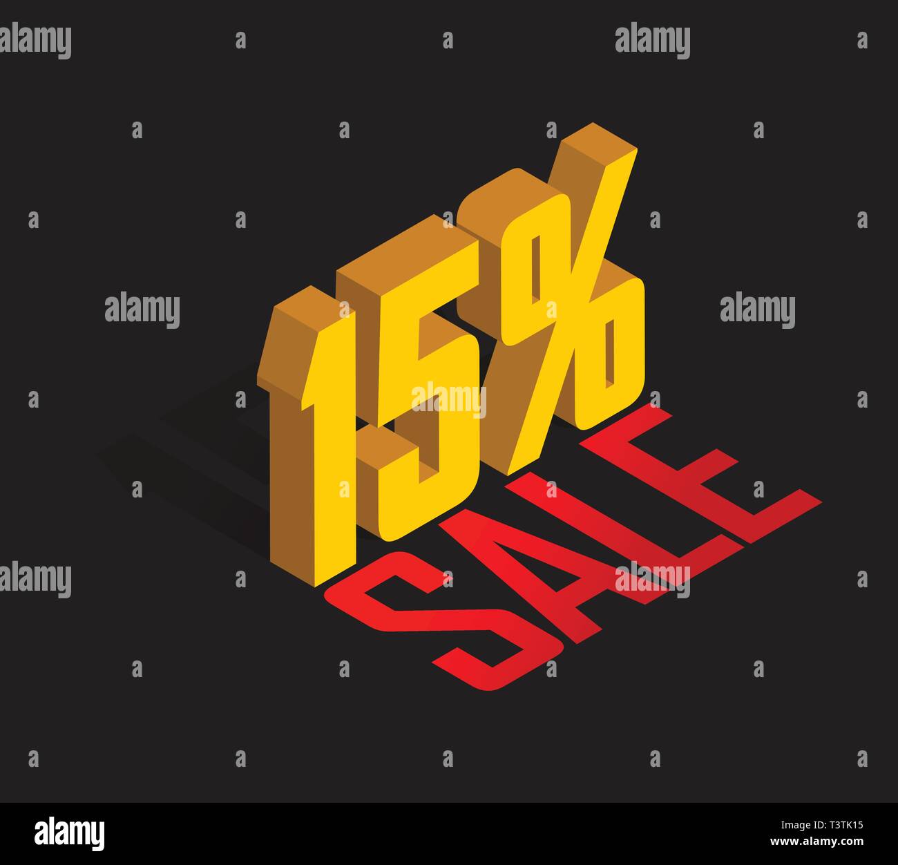 15% percent off, sale, golden-yellow object 3D.Isolated on white ...