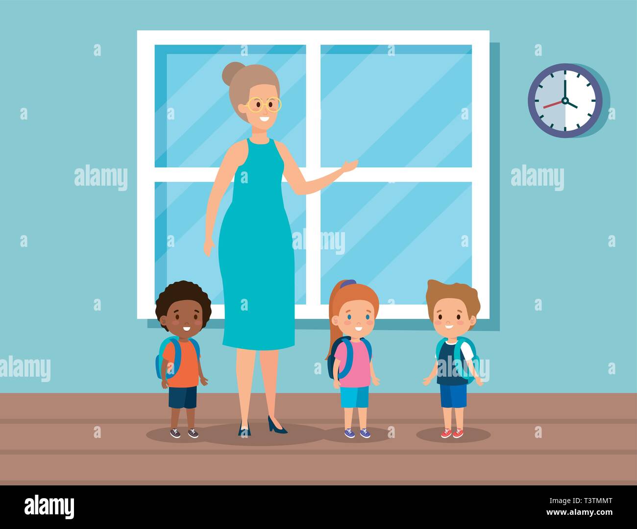 woman teacher with kids in the class and window Stock Vector Image ...