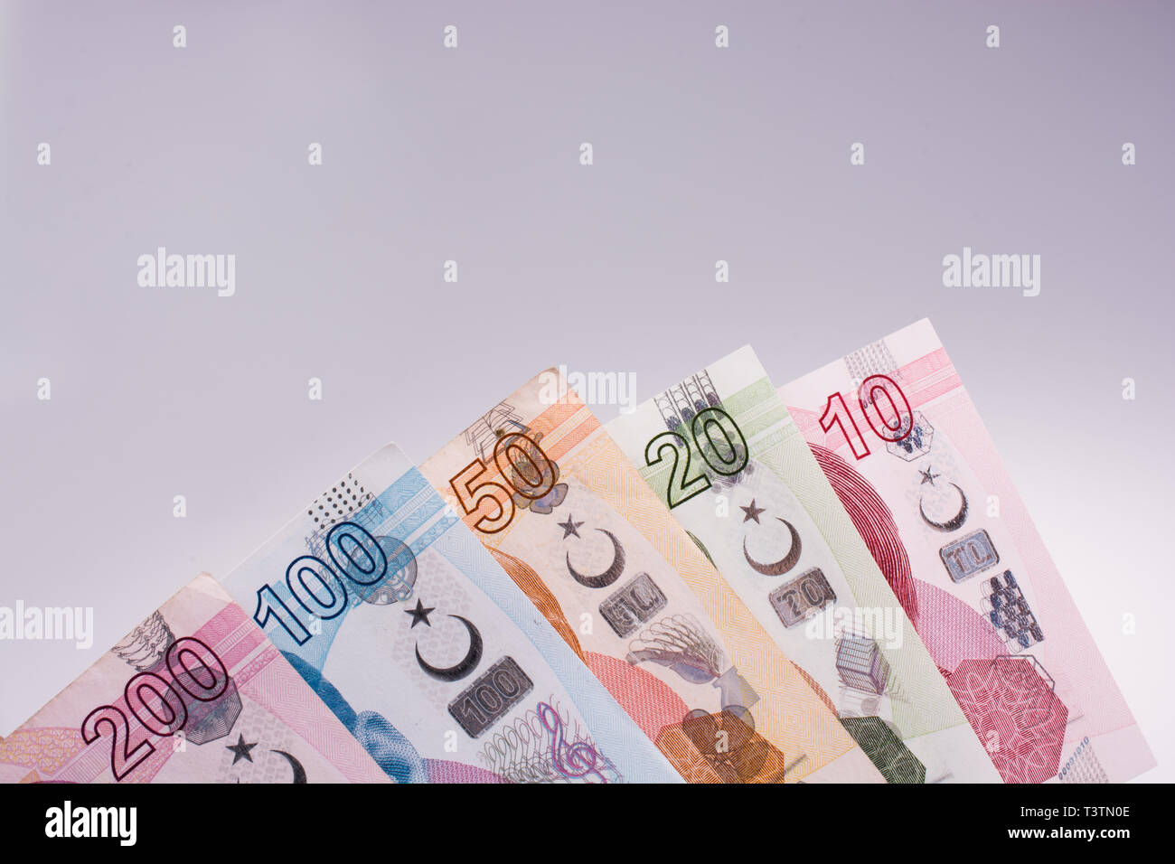 Turksh Lira banknotes of various color, pattern and value on white ...