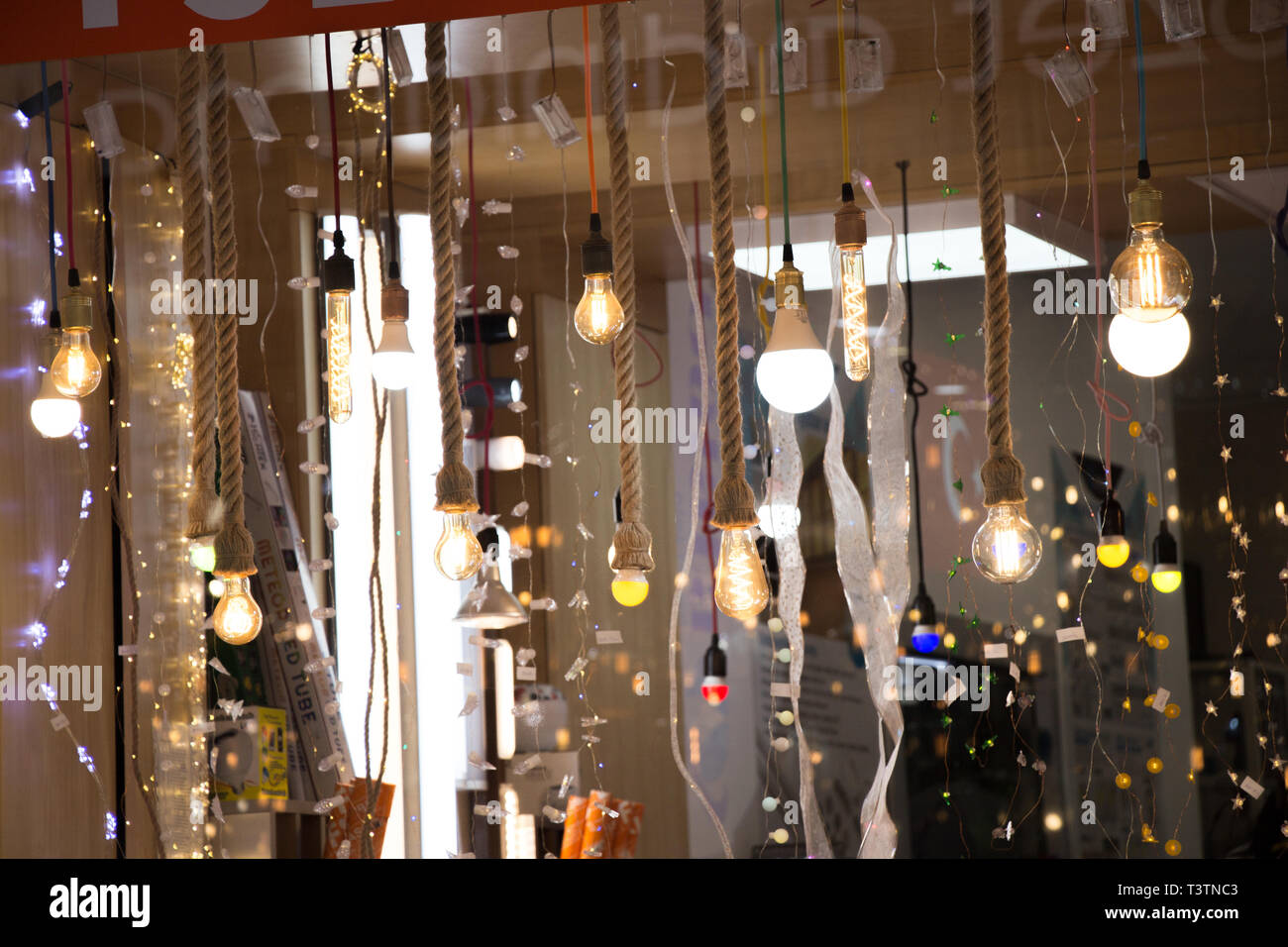 Decorative antique edison style filament light bulbs hanging Stock ...