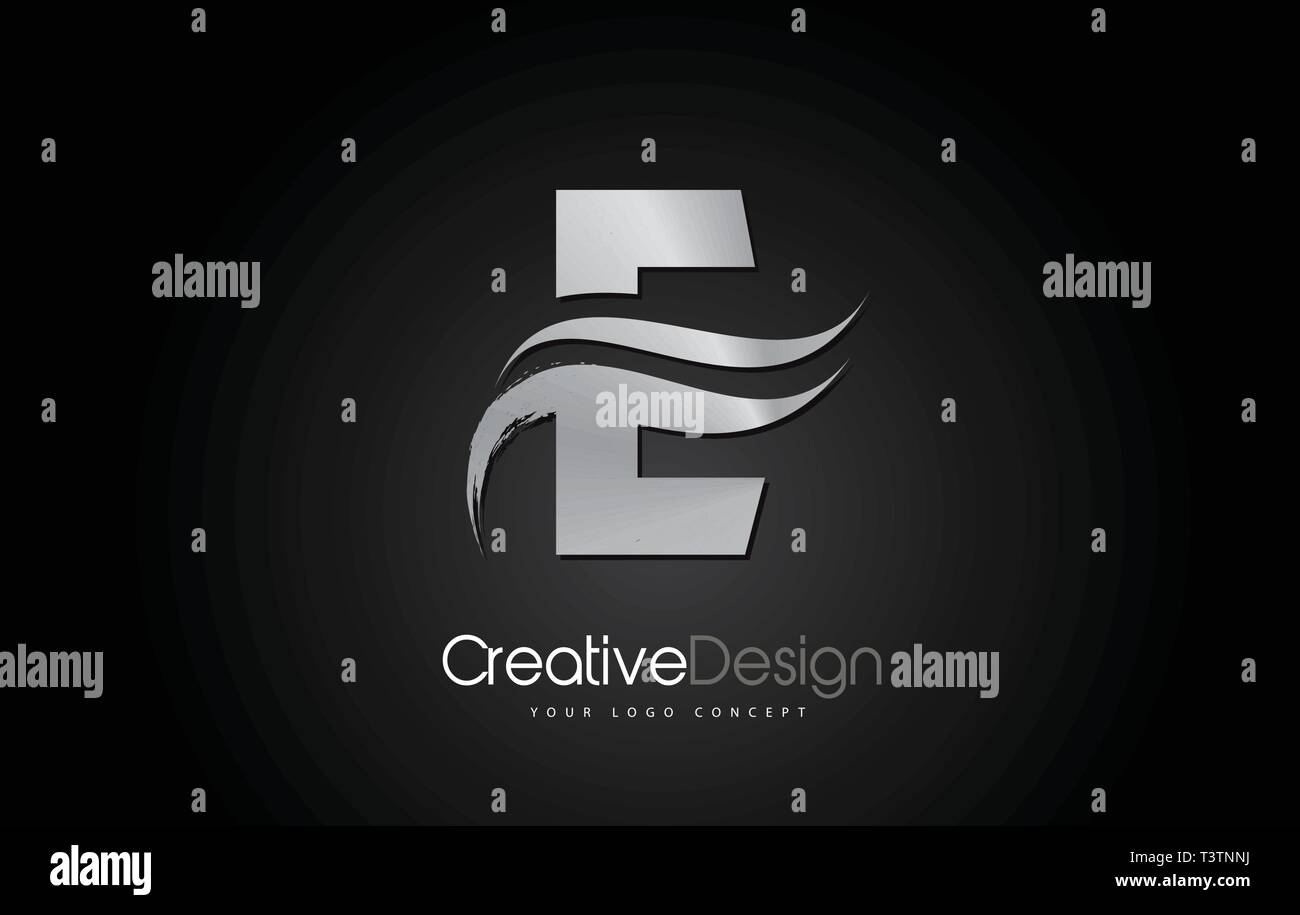 Silver Metal E Letter Design Brush Paint Stroke. Letter Logo on Black ...