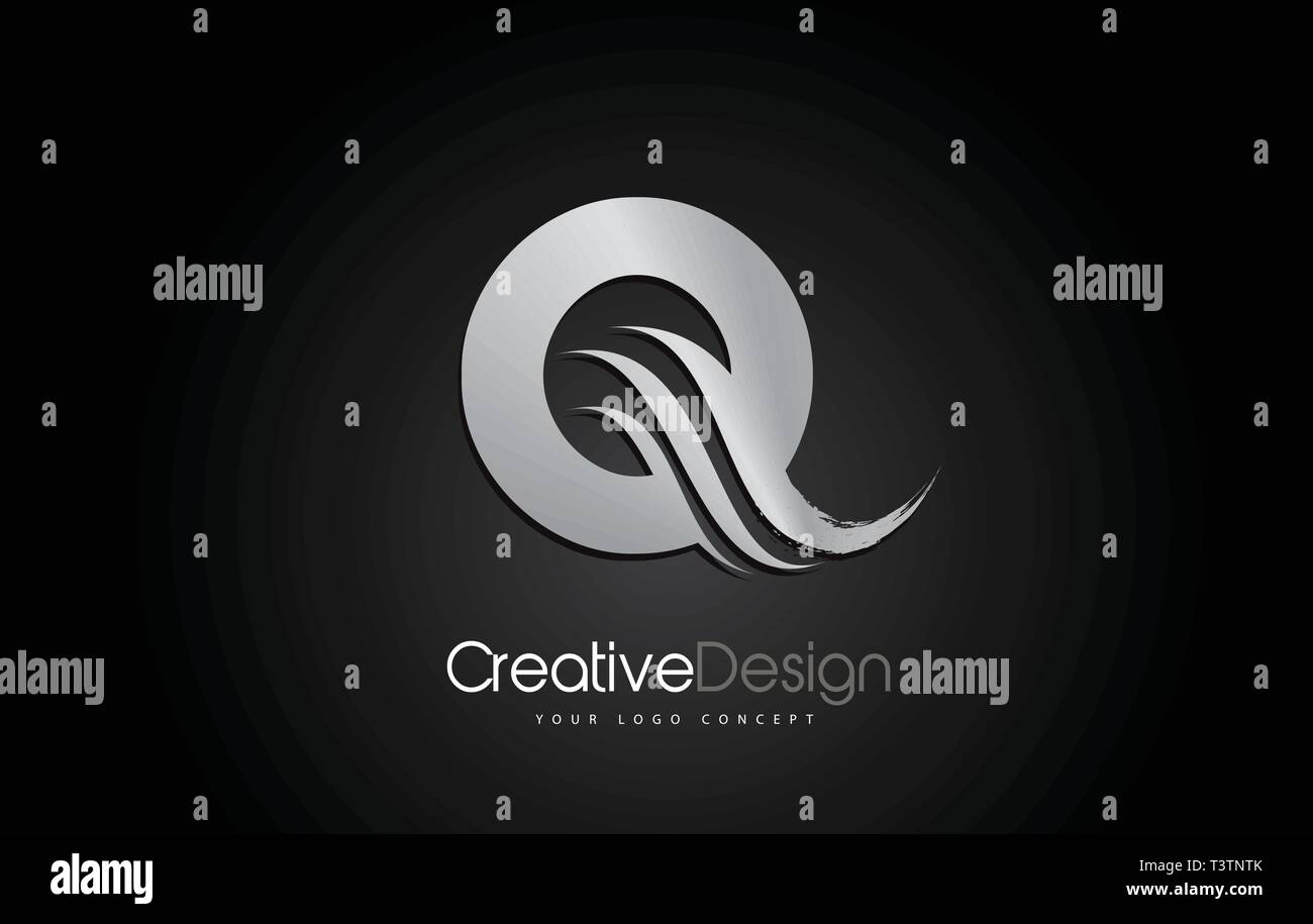 Silver Metal Q Letter Design Brush Paint Stroke. Letter Logo on Black ...