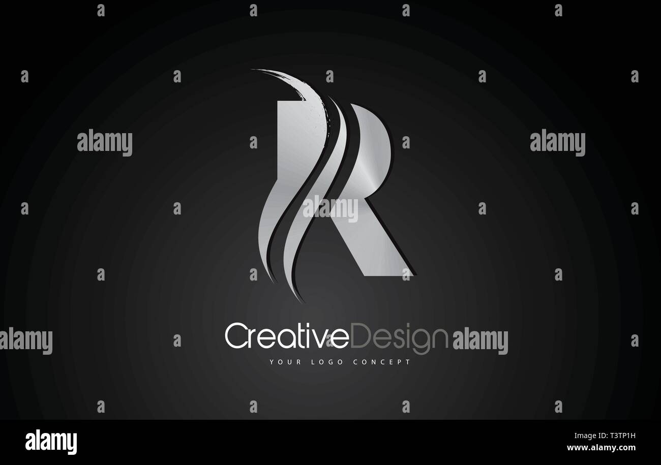 Silver Metal R Letter Design Brush Paint Stroke. Letter Logo with Black ...